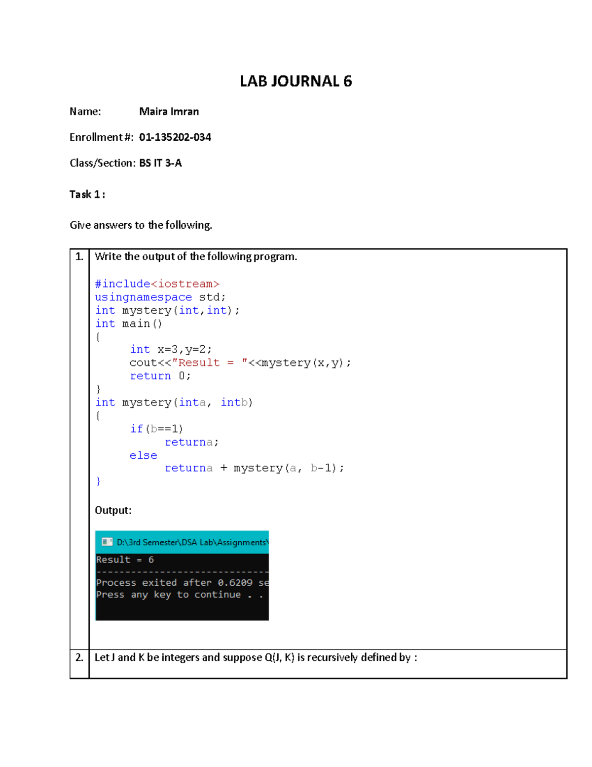 01 135202 034 8814180909 27112021 041717 pm - LAB JOURNAL 6 Name: Maira ...