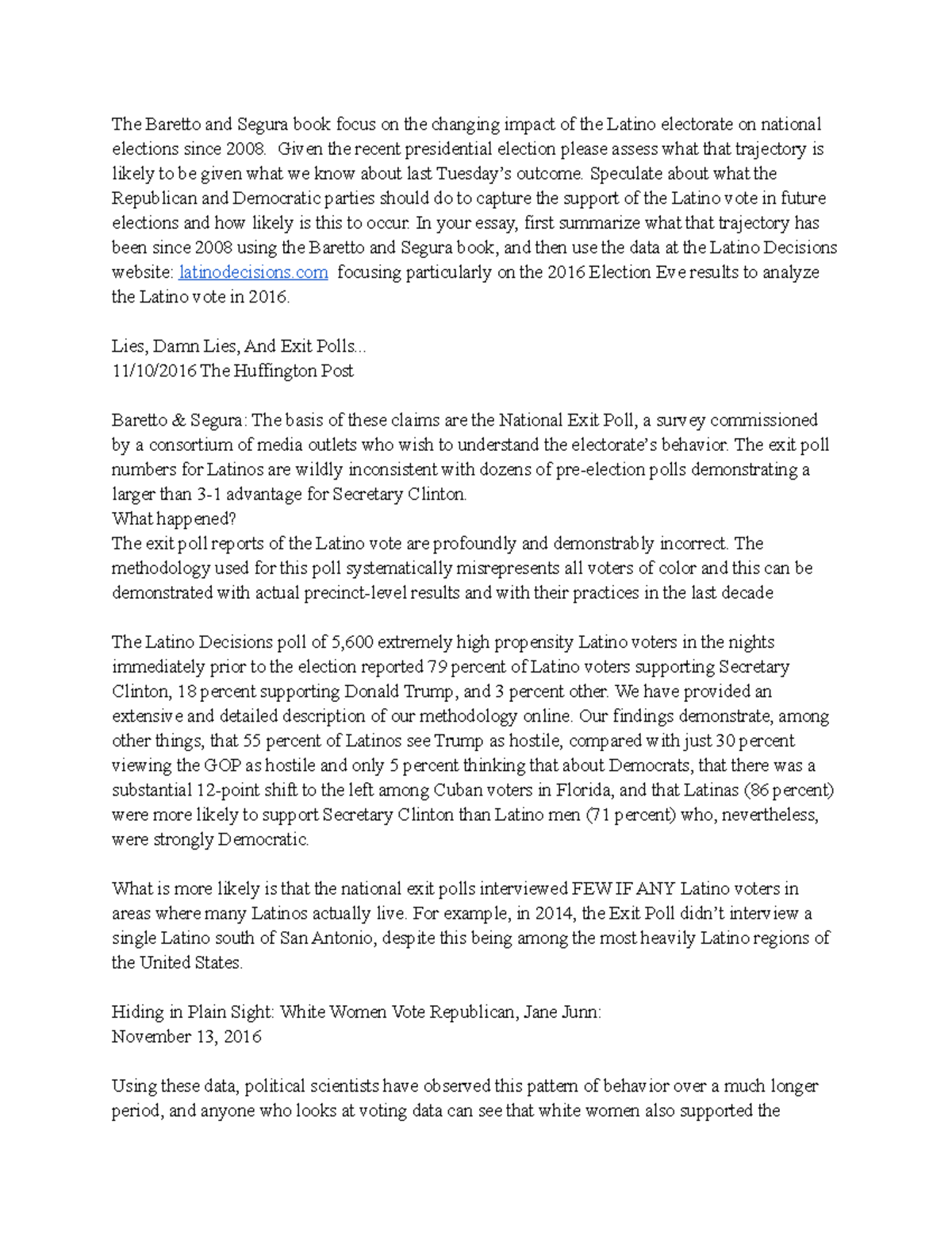 POS 380 Essay 2 - The Baretto and Segura book focus on the changing ...