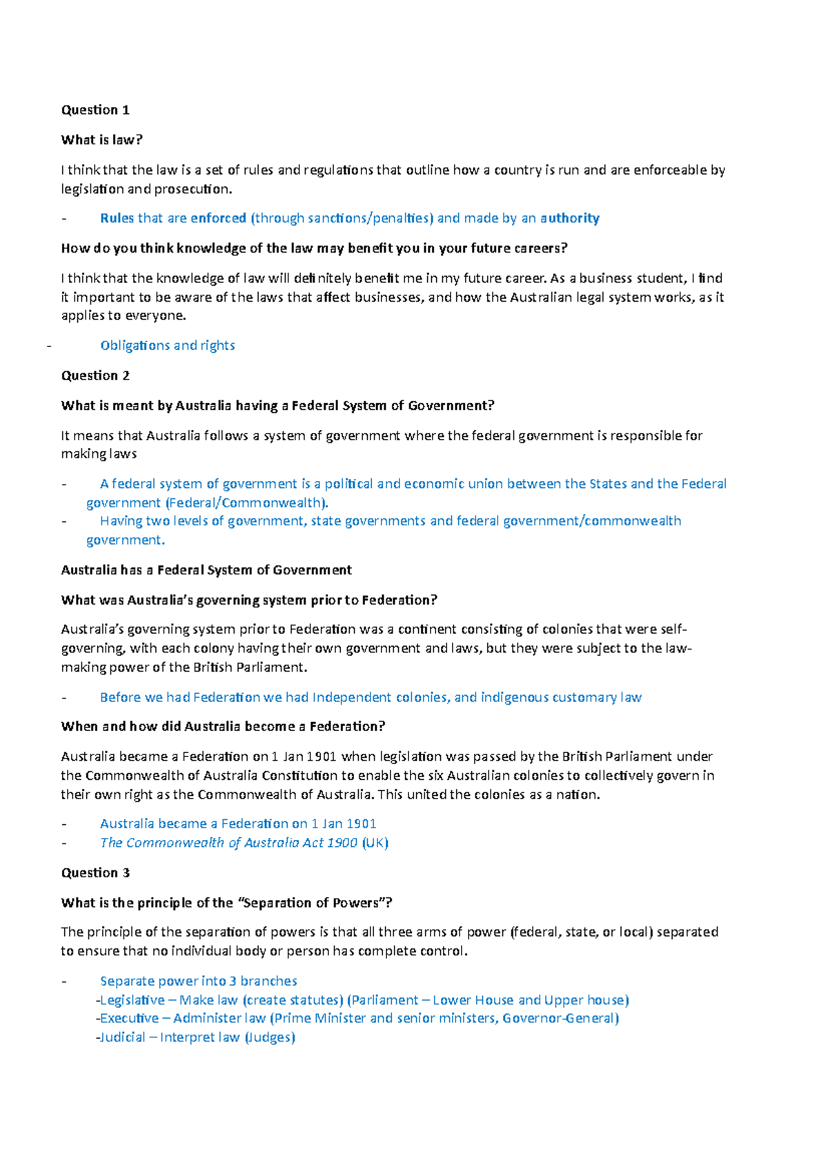LAWS1100 Tutorial 1 questions - Question 1 What is law? I think that ...