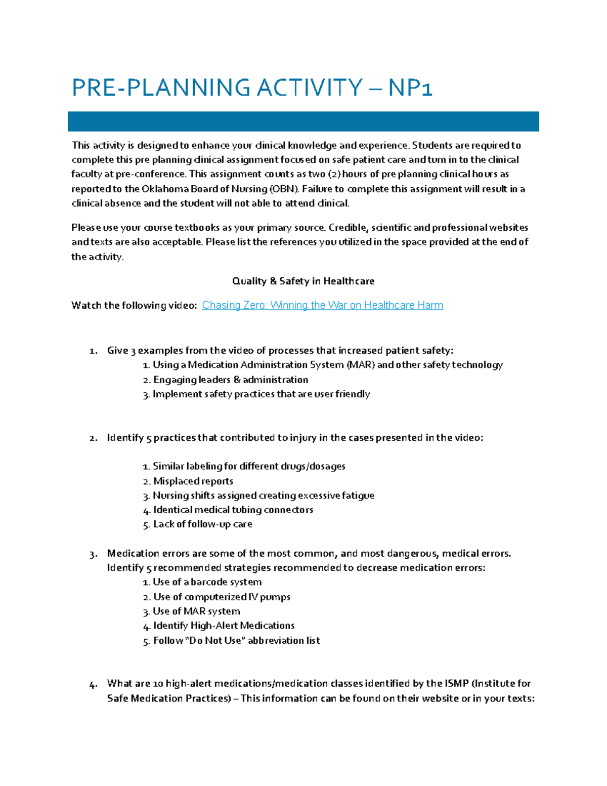 Pre Plan NP1 Safety student - PRE-PLANNING ACTIVITY – NP This activity ...