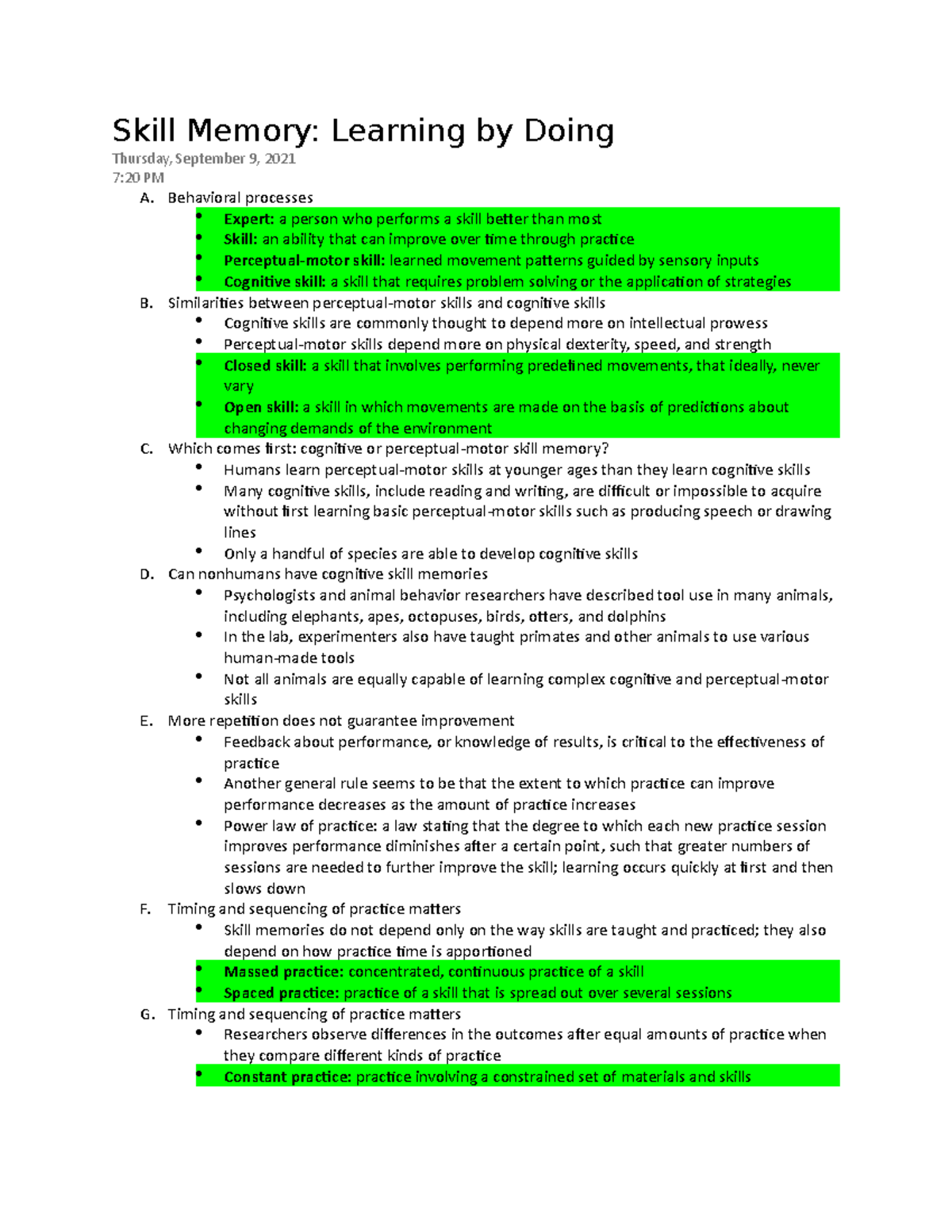 Learning and Memory ch. 8 - Skill Memory: Learning by Doing Thursday ...