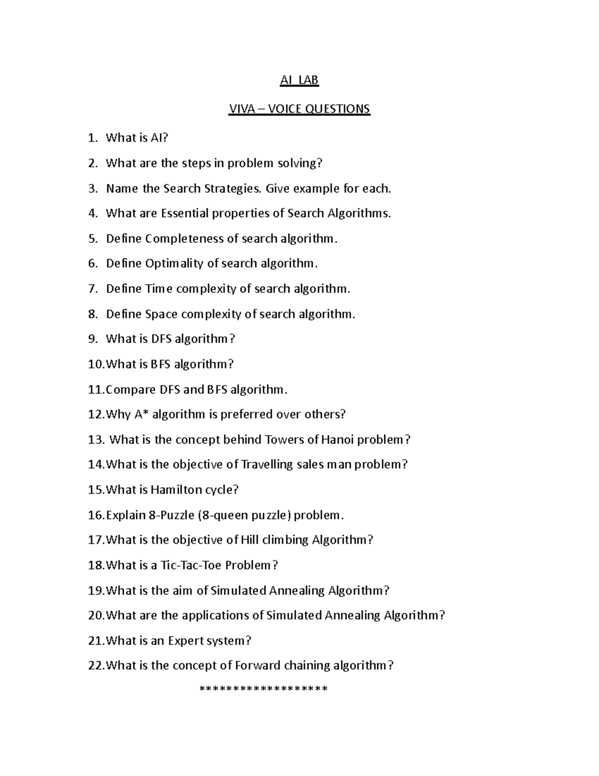 AI LAB viva-voce questions - AI LAB VIVA – VOICE QUESTIONS What is AI ...