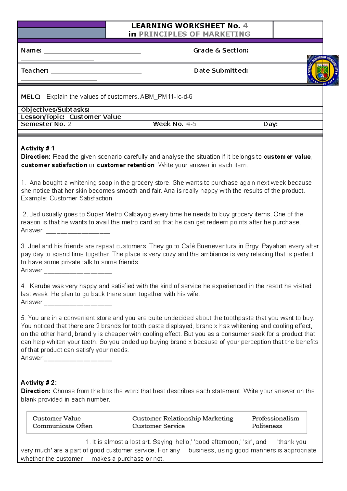 WORK- Sheet-4-5 Principles OF Marketing - LEARNING WORKSHEET No. 4 in ...