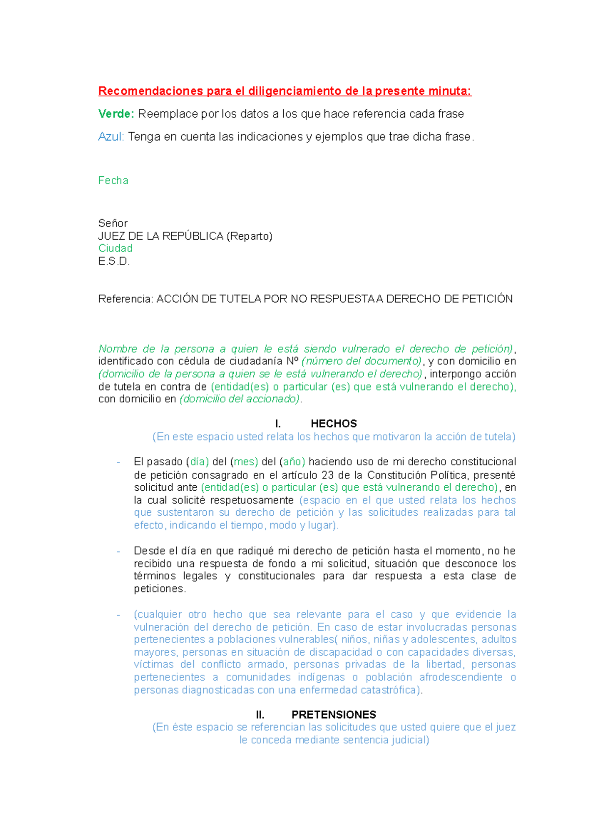 Modelo de Tutela Derecho de Peticion - Recomendaciones para el ...