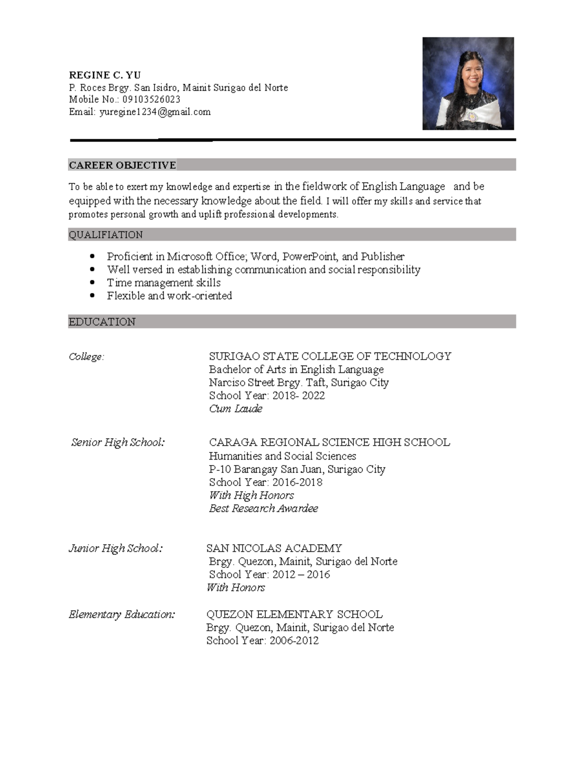 Curriculum- Vitae (1) (1) - Copy - REGINE C. YU P. Roces Brgy. San Isidro, Mainit Surigao del ...