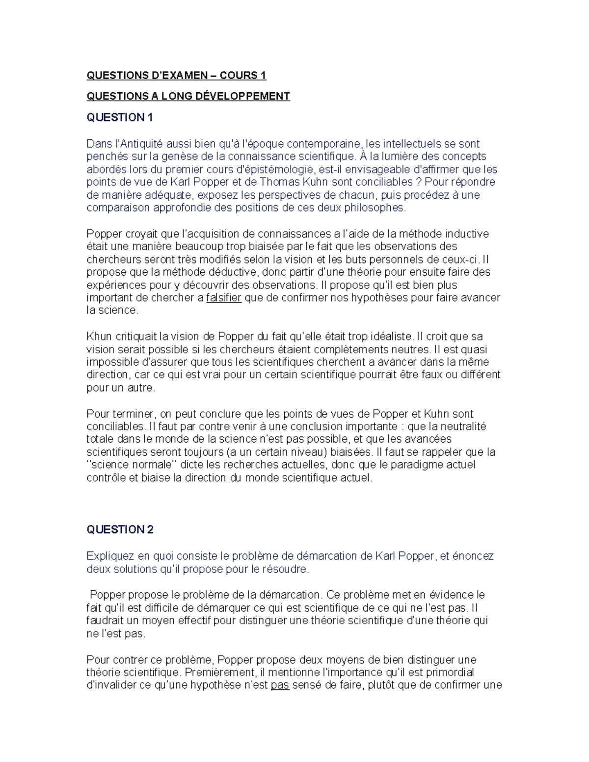 Cours 1 Question a long développement - QUESTIONS D’EXAMEN – COURS 1 ...