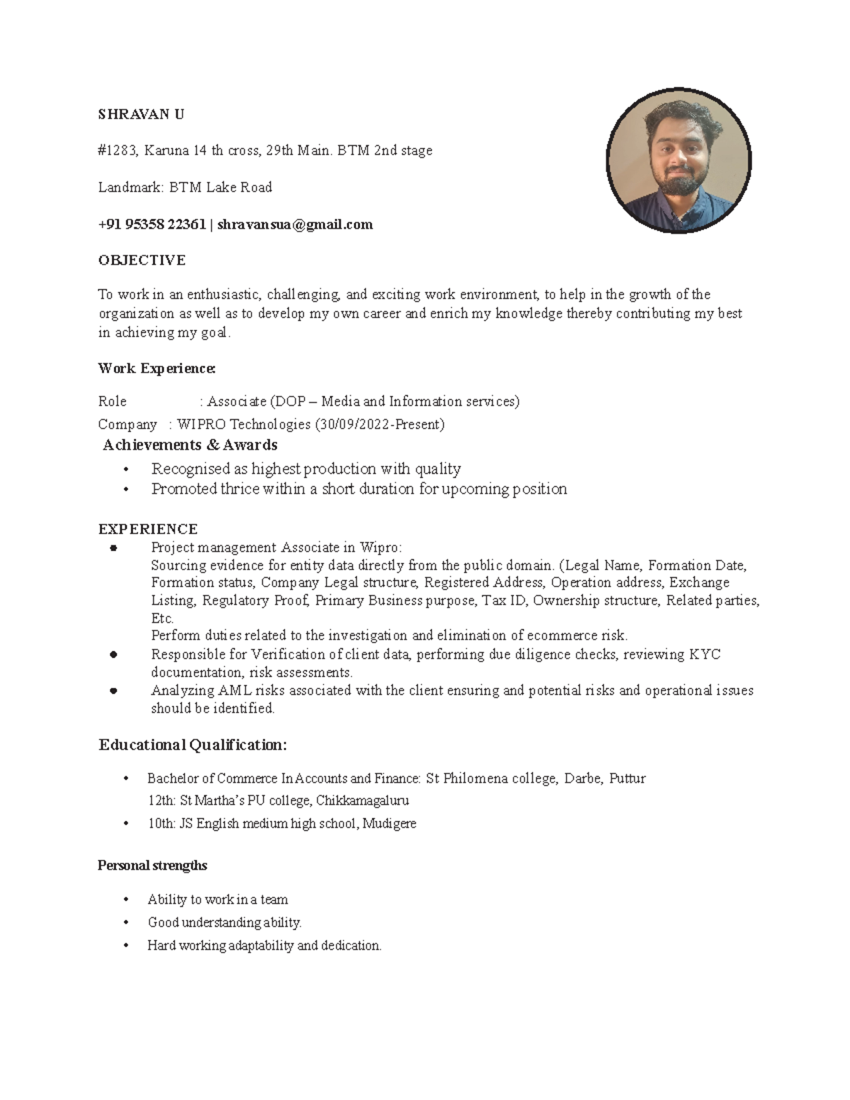Shravan Resume 26 - Summary bachelors of commerce - SHRAVAN U #1283 ...
