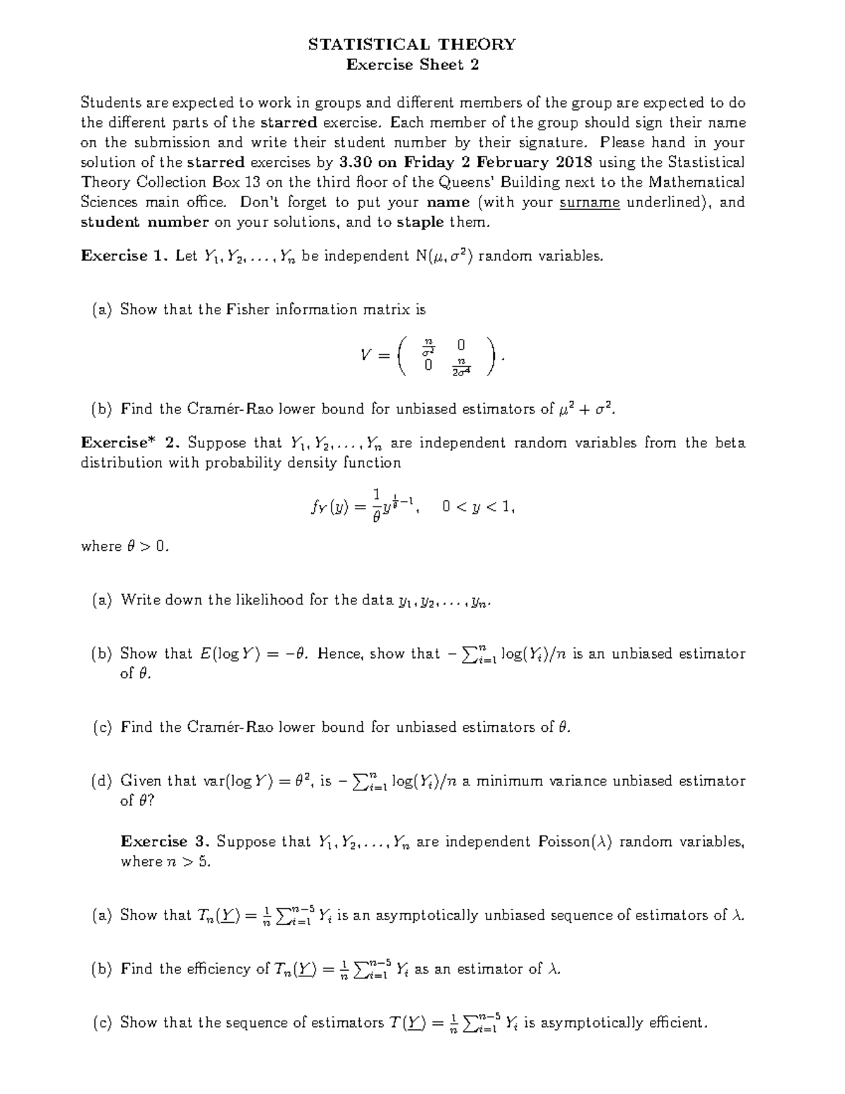Stexsheet 2 - exercises - STATISTICAL THEORY Exercise Sheet 2 Students ...