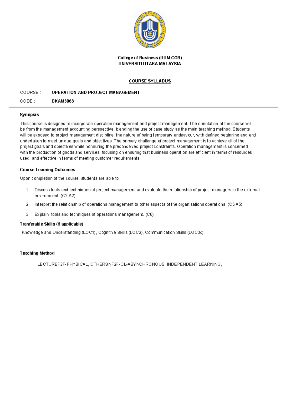 A222 - Sylllabus Student OBE - College of Business (UUM COB) UNIVERSITI ...