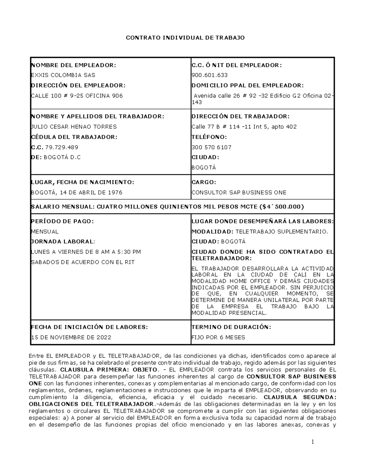 Contrato Teletrabajo - Julio Henao - CONTRATO INDIVIDUAL DE TRABAJO ...
