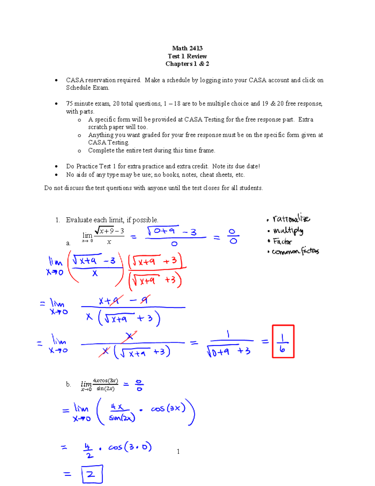 2413Test1Review Solutions - Math 2413 Test 1 Review Chapters 1 & 2 CASA ...