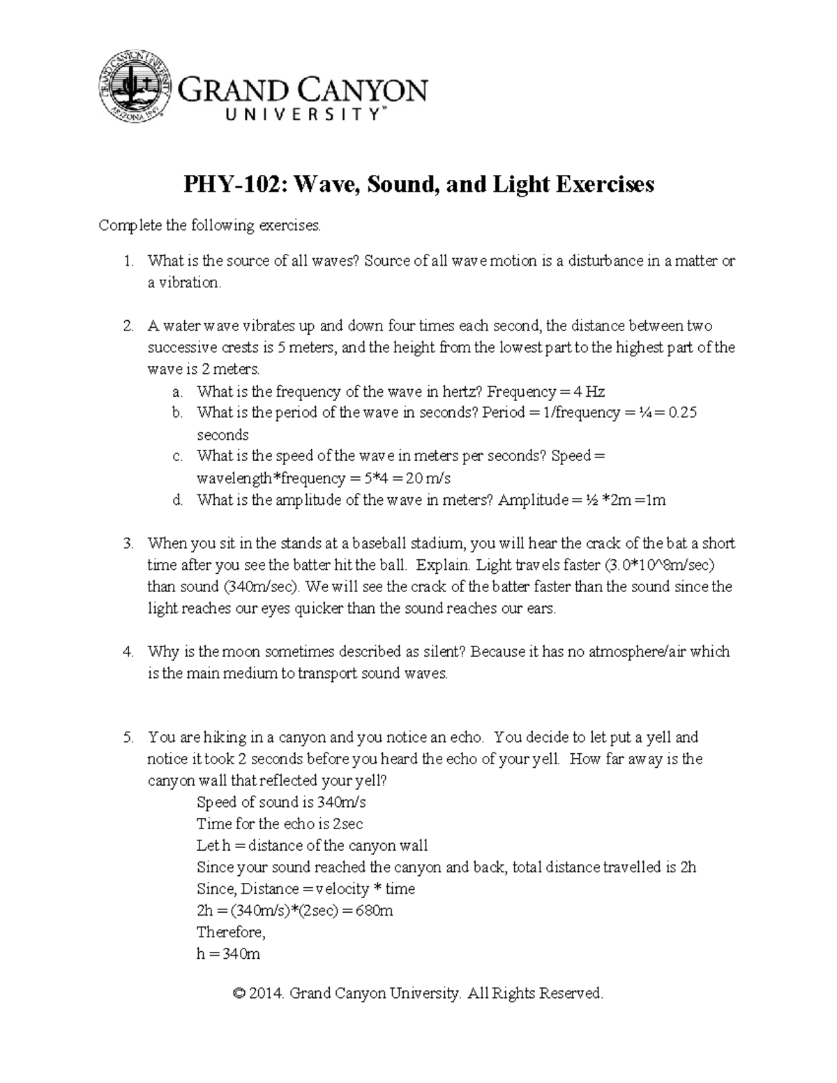 PHY 102 RS Wave Soundand Light Exercises - PHY-102: Wave, Sound, and ...