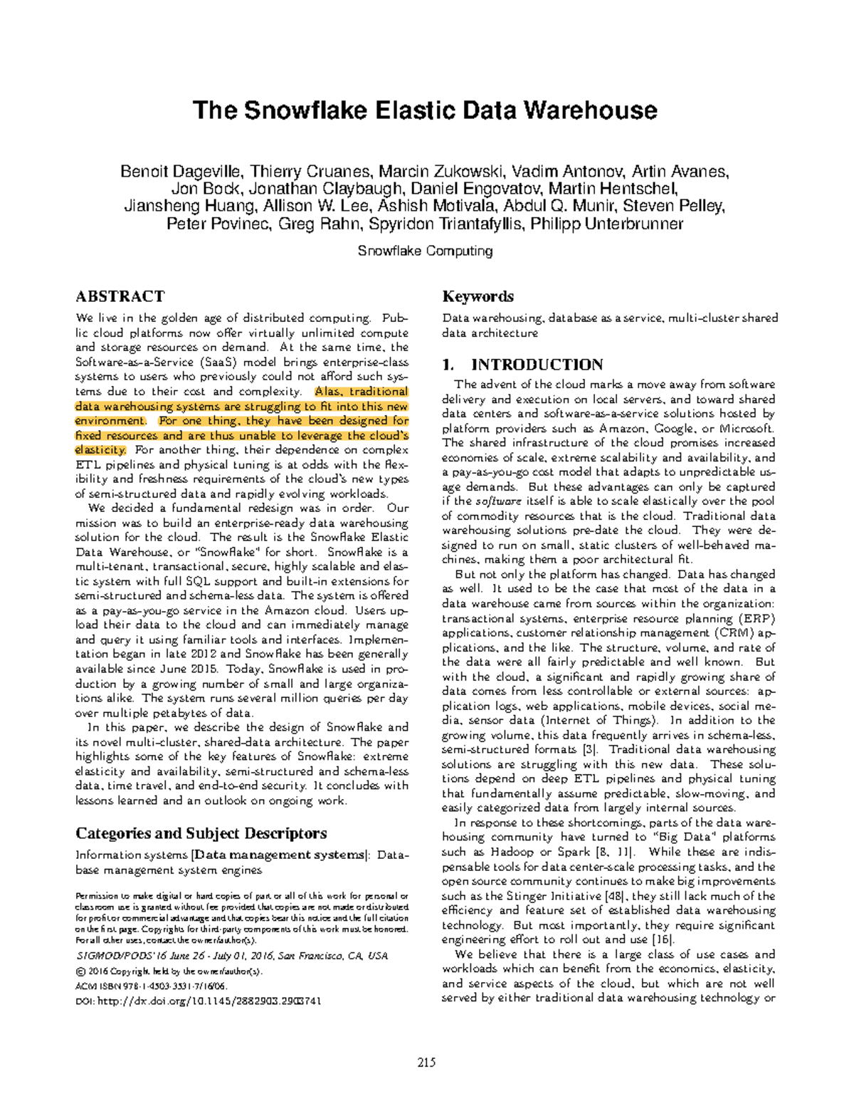 Snowflake - Prof YXY - The Snowflake Elastic Data Warehouse Benoit ...