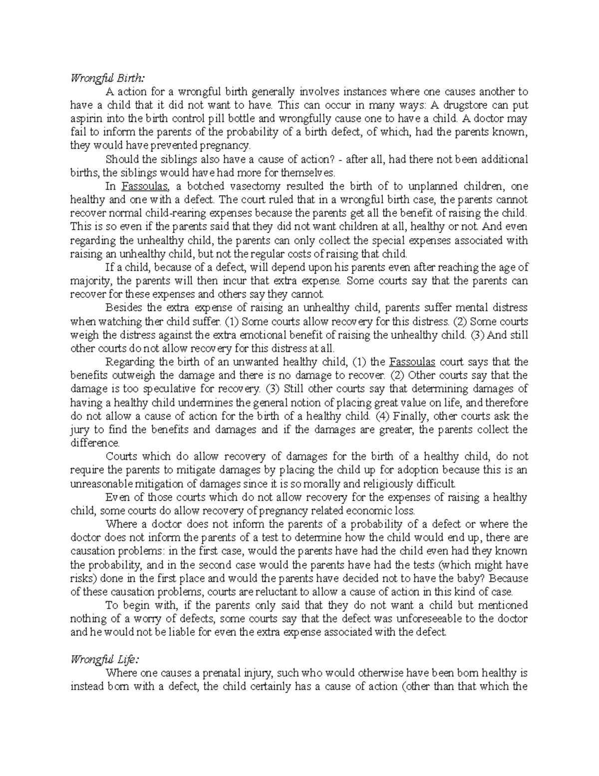 Torts Law Outline - 2 - Wrongful Birth: A action for a wrongful birth ...