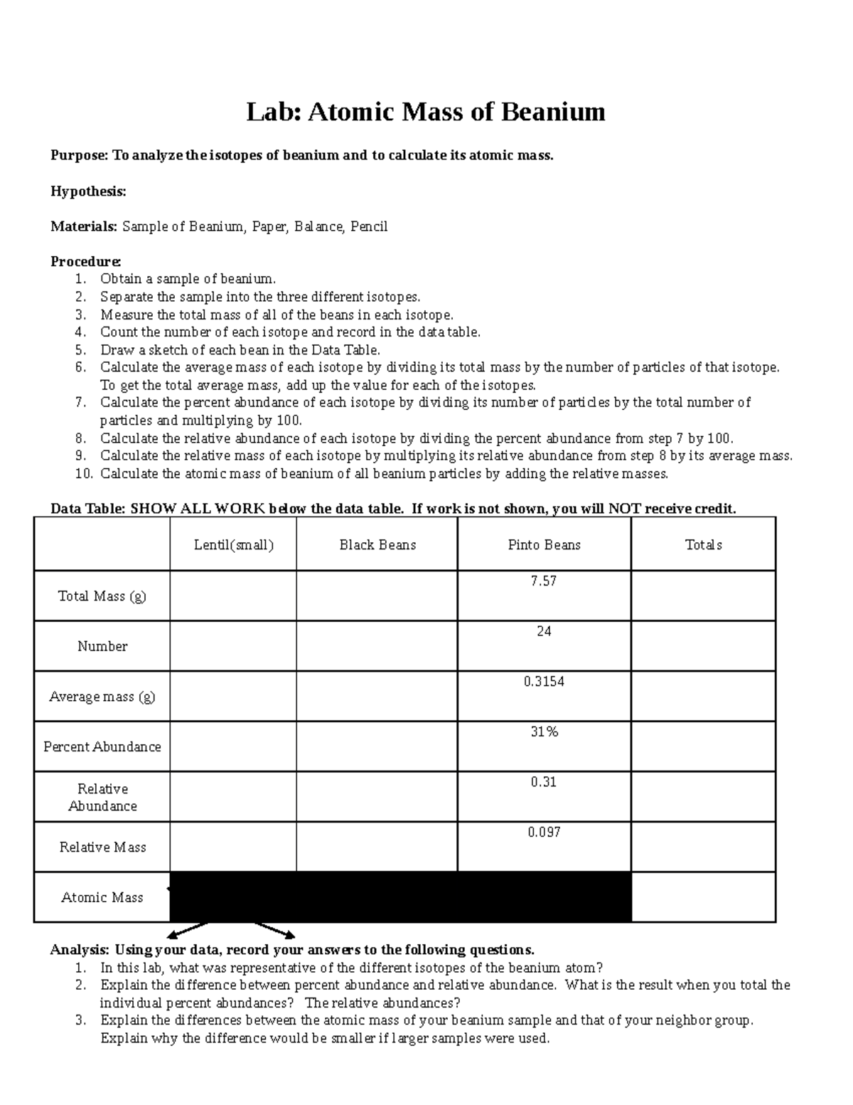 Copy of Beanium - 2013 - G was here - Lab: Atomic Mass of Beanium ...