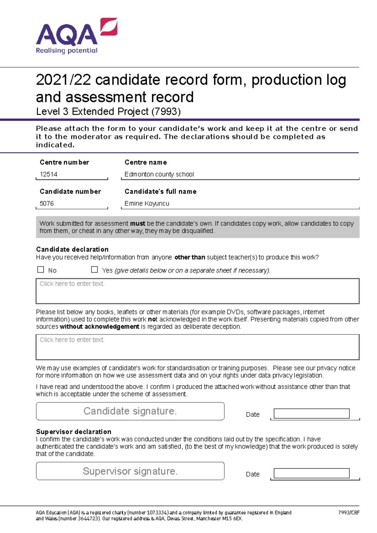 AQA-7993-CRF-22 neww 1 (1) - 2021/22 candidate record form, production ...