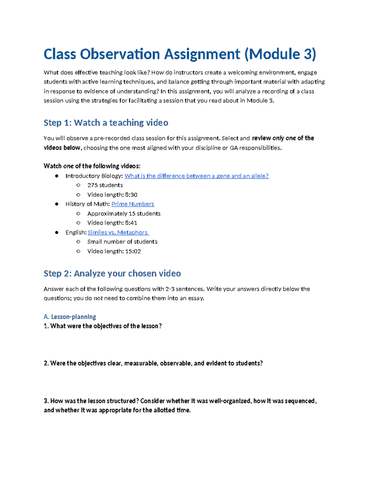 Class Observation Assignment - F23 - Class Observation Assignment ...