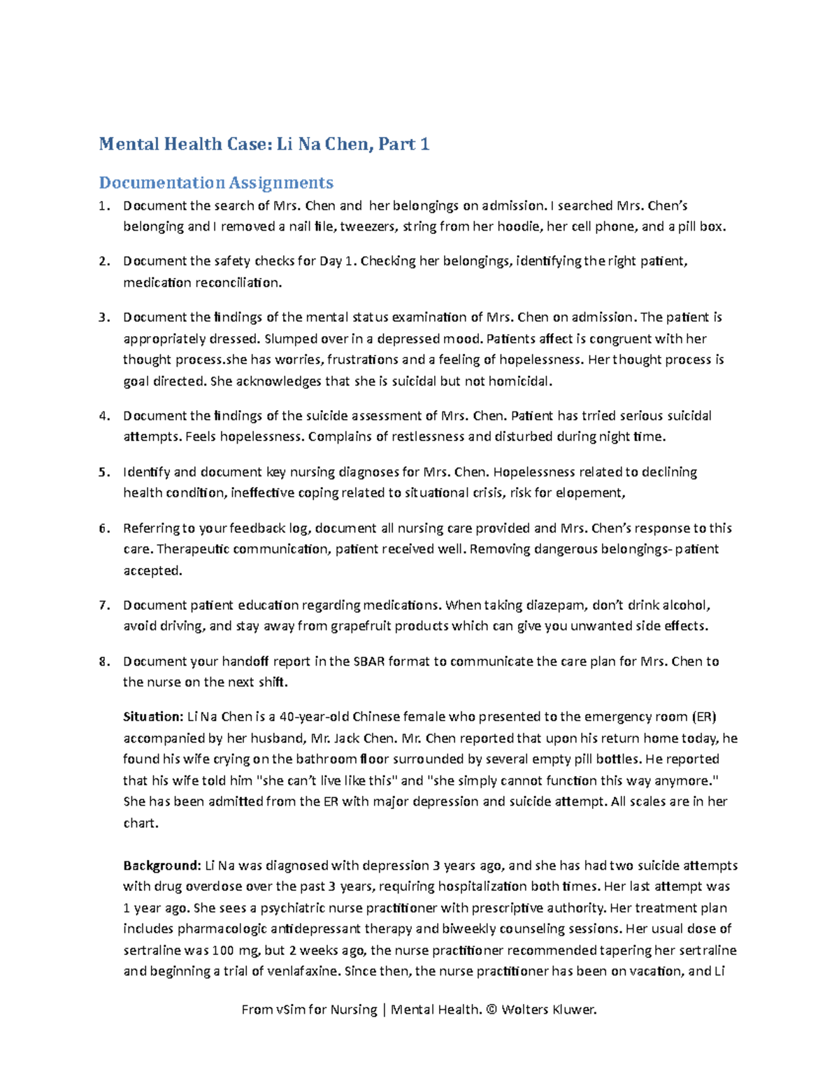 Mental Health Li Na Chen Part 1 DA - Mental Health Case: Li Na Chen ...