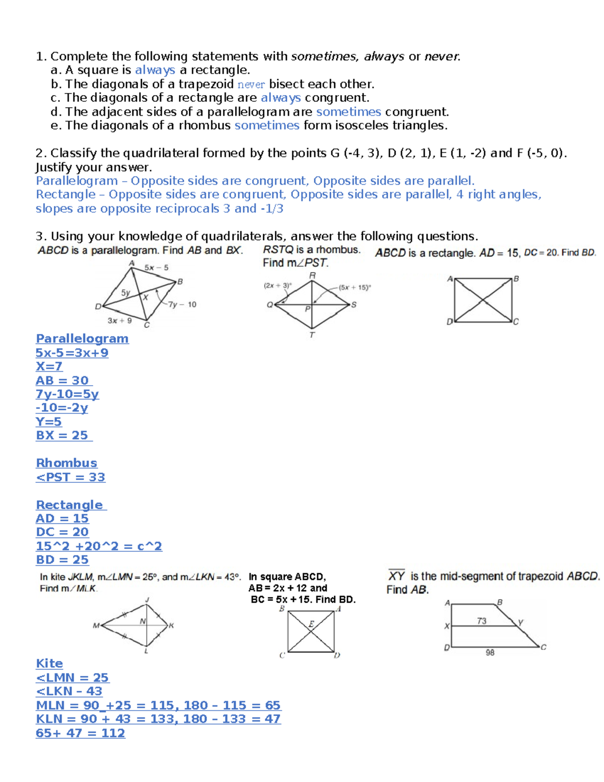 G-HW+#7 - math - Complete the following statements with sometimes ...