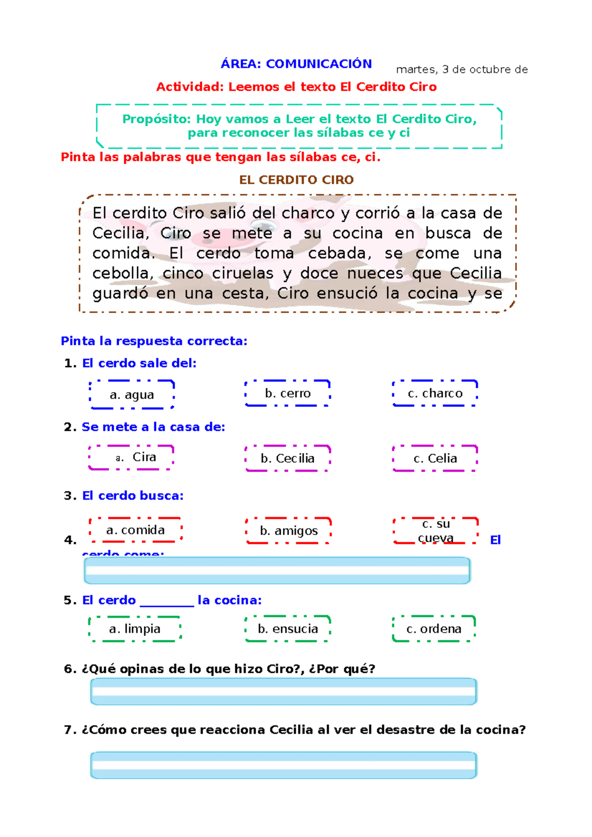 Ficha Comunicación 03 10 - ÁREA: COMUNICACIÓN Actividad: Leemos el ...