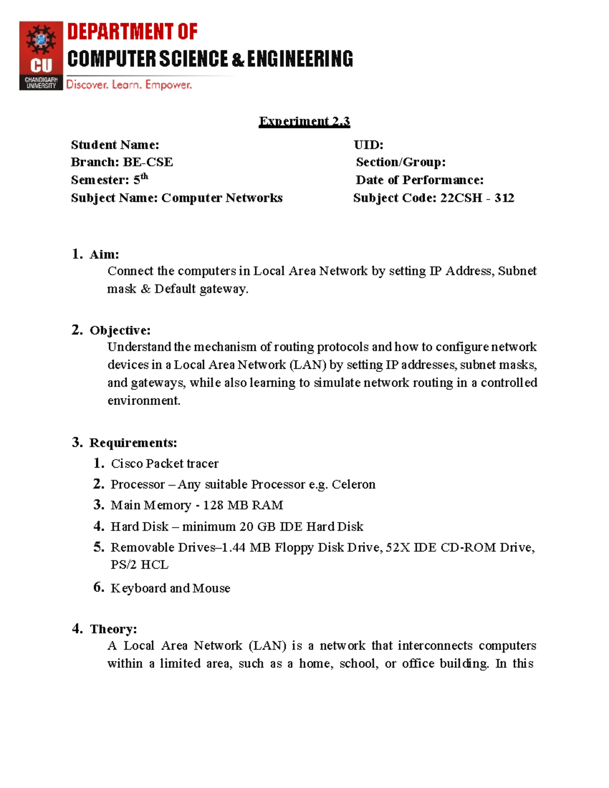 Cn - cn worksheet - COMPUTER SCIENCE & ENGINEERING Experiment 2. Student Name: UID: Branch ...