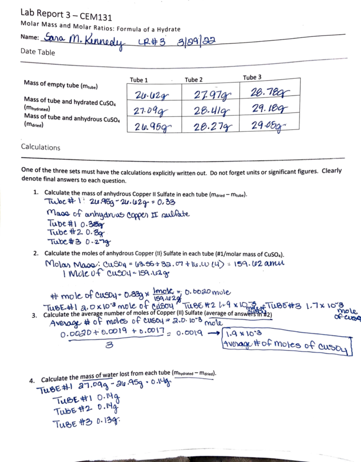 Lab Report #3 Molar Mass - Lab Report 3 _ CEMl 3 l Molar Mass and M 1 o ...