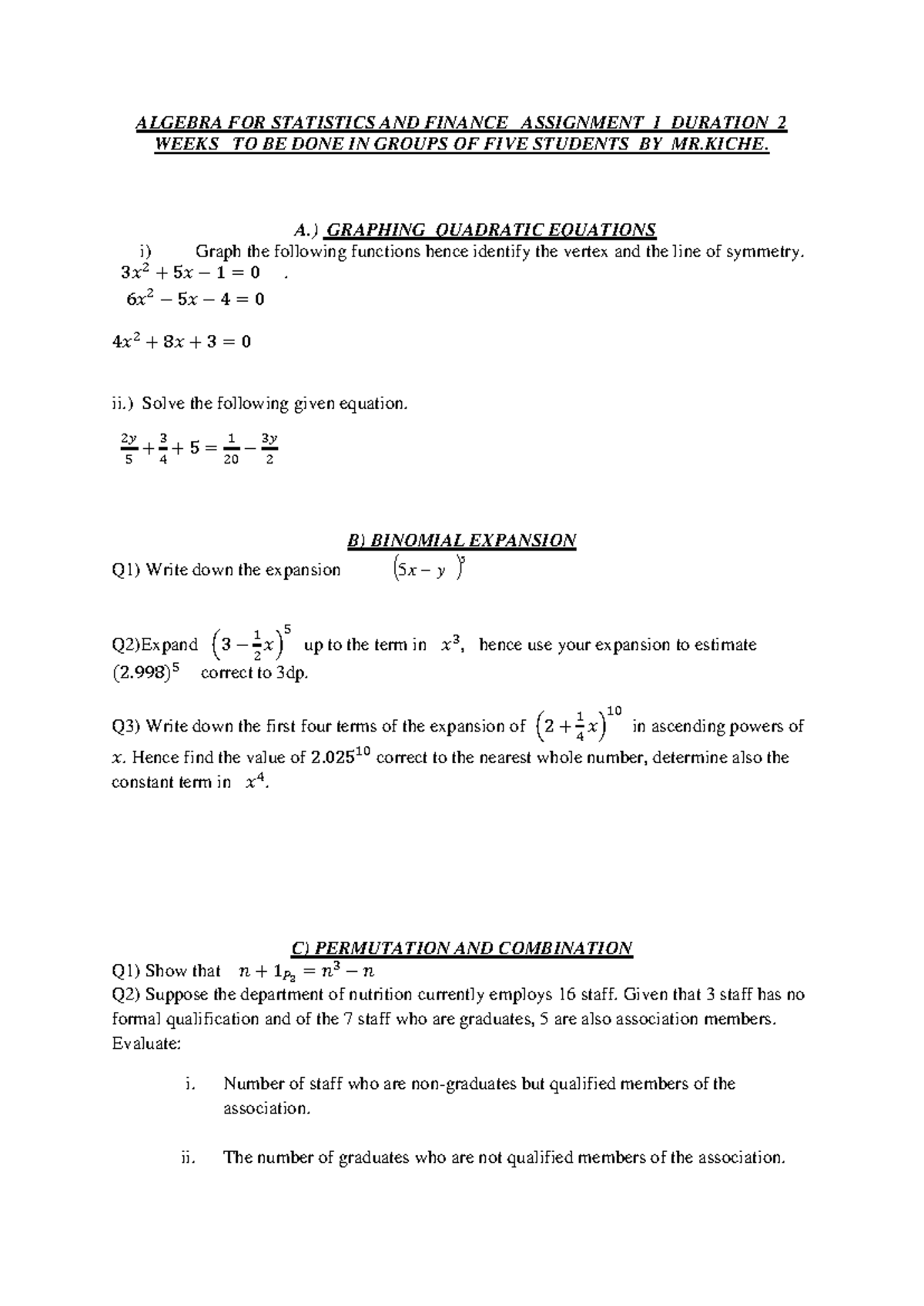 Algebra for statistics Assignment 1 - ALGEBRA FOR STATISTICS AND ...