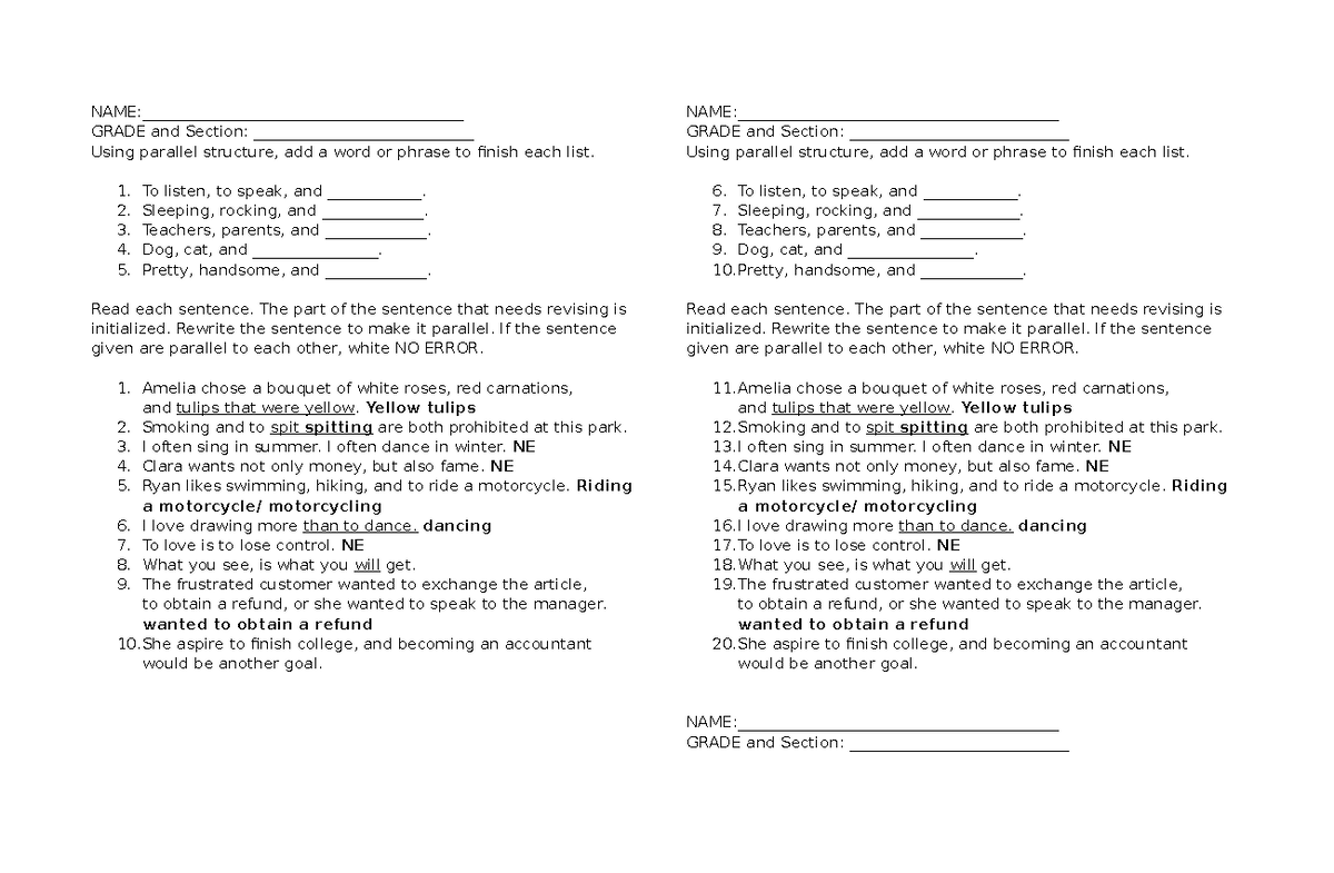 Using parallel structure - NAME ...