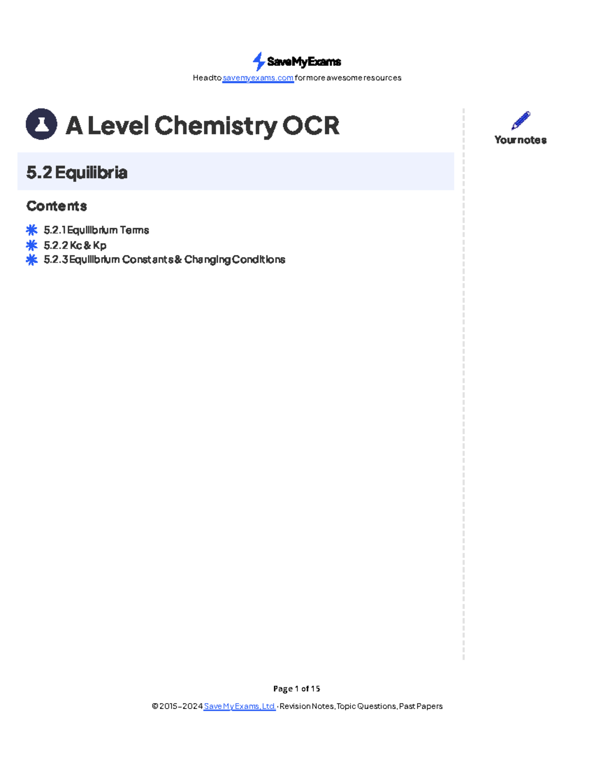 5 - a lot of examples for methods - Page 1 of 15 A Level Chemistry OCR 5 Equilibria Contents 5.2 ...