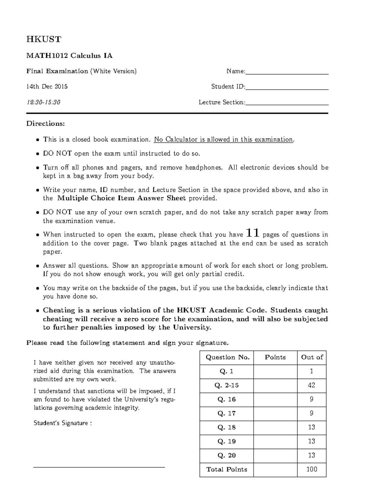 Math1012 final fall 2015 - HKUST MATH1012 Calculus IA Final Examination ...