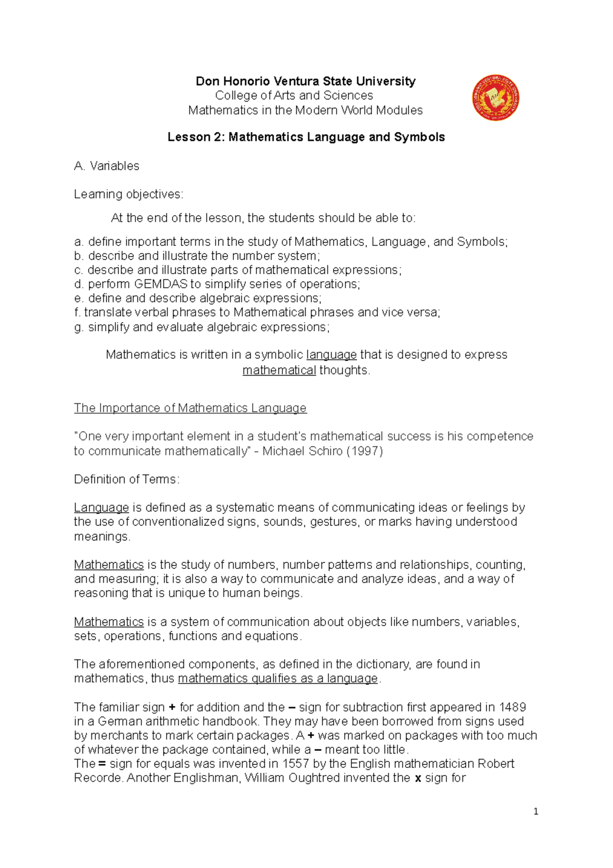 Module 2 - MMW HANDOUT - Don Honorio Ventura State University College ...
