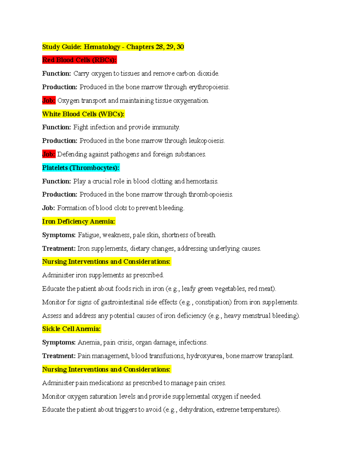 Study Guide - pharm classes - Study Guide: Hematology - Chapters 28, 29 ...