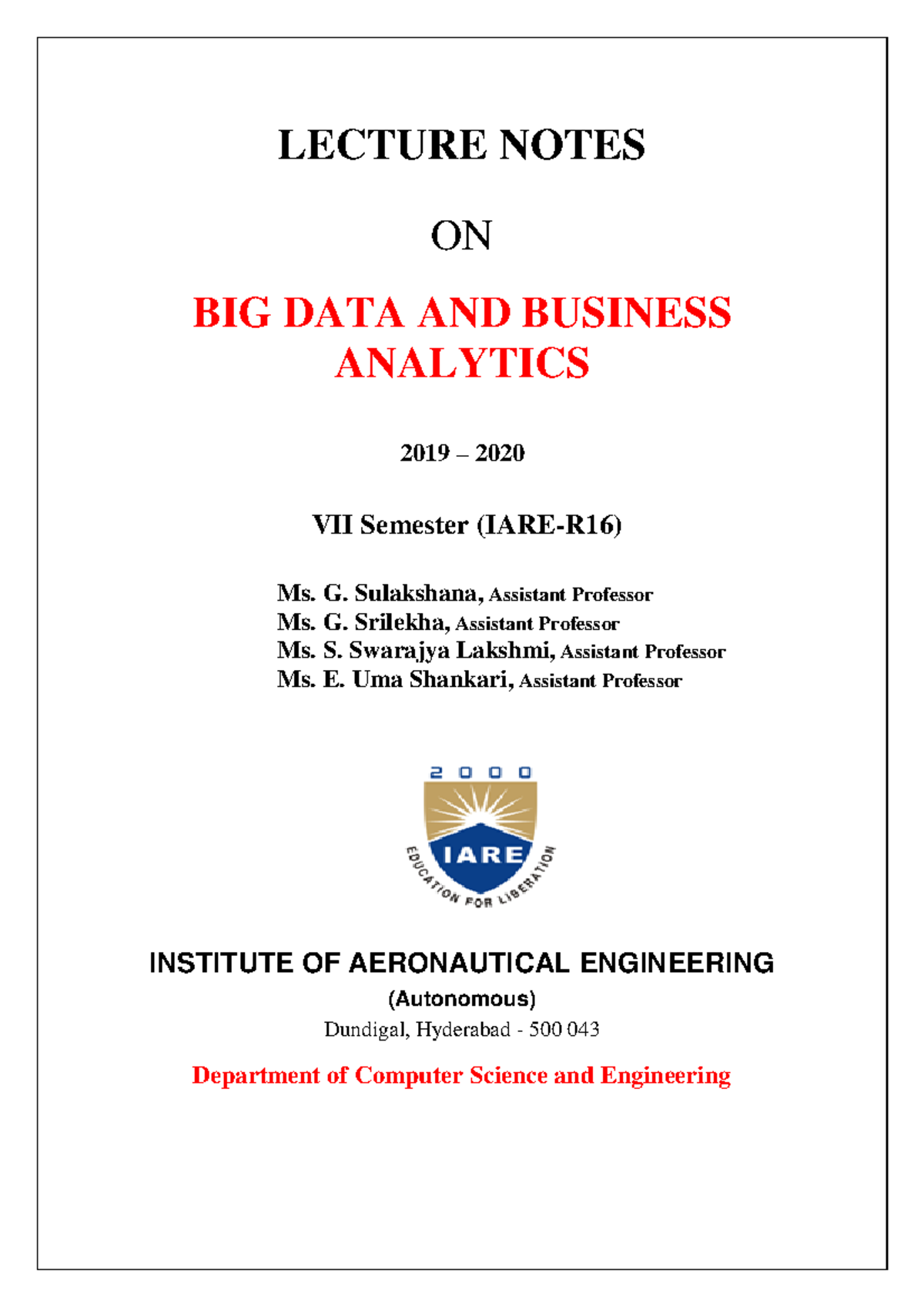 NEW Lechure Notes Business data analytics - LECTURE NOTES ON BIG DATA ...