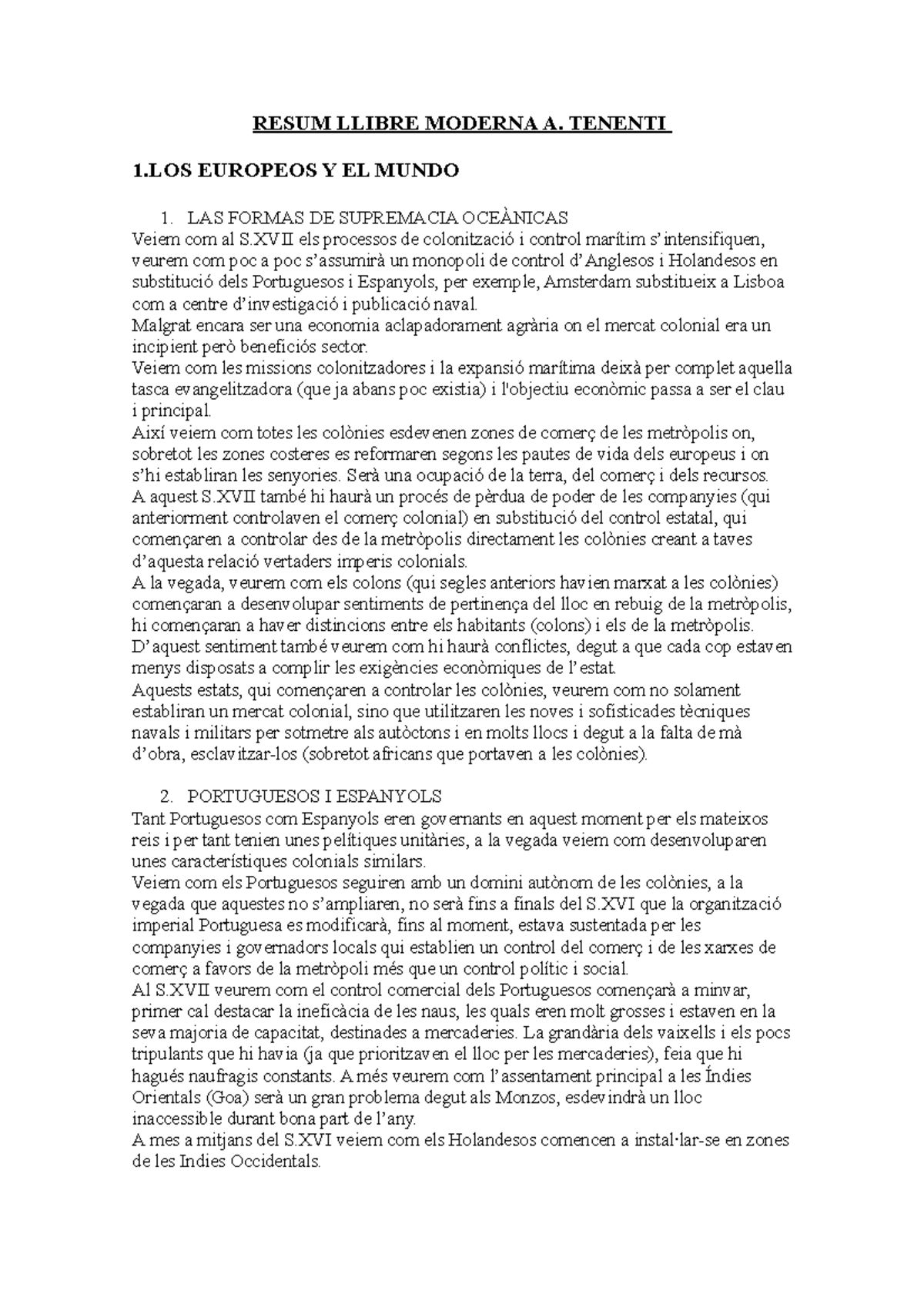 Resum Llibre Moderna A. Tenenti docx - RESUM LLIBRE MODERNA A. TENENTI ...
