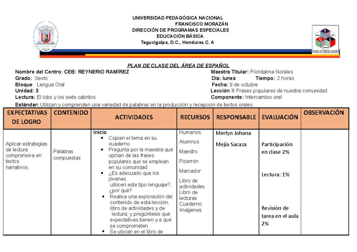 PLAN DE Español Sexto Grado Merlyn Mejia - UNIVERSIDAD PEDAGÓGICA NACIONAL FRANCISCO MORAZÁN ...
