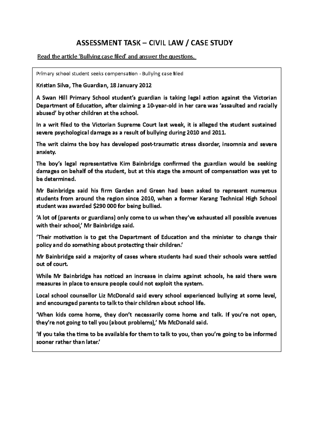 Civl Law Case Study Worksheet - ASSESSMENT TASK – CIVIL LAW / CASE ...