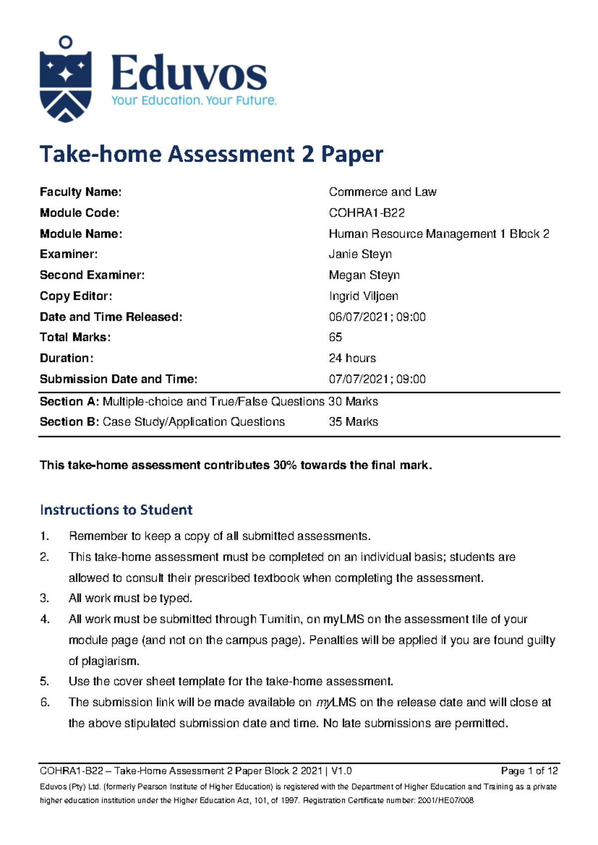 Cohra 1-B22 – Take-home Assessment 2 – Paper Block 2 2021 (V1.0) (2 ...