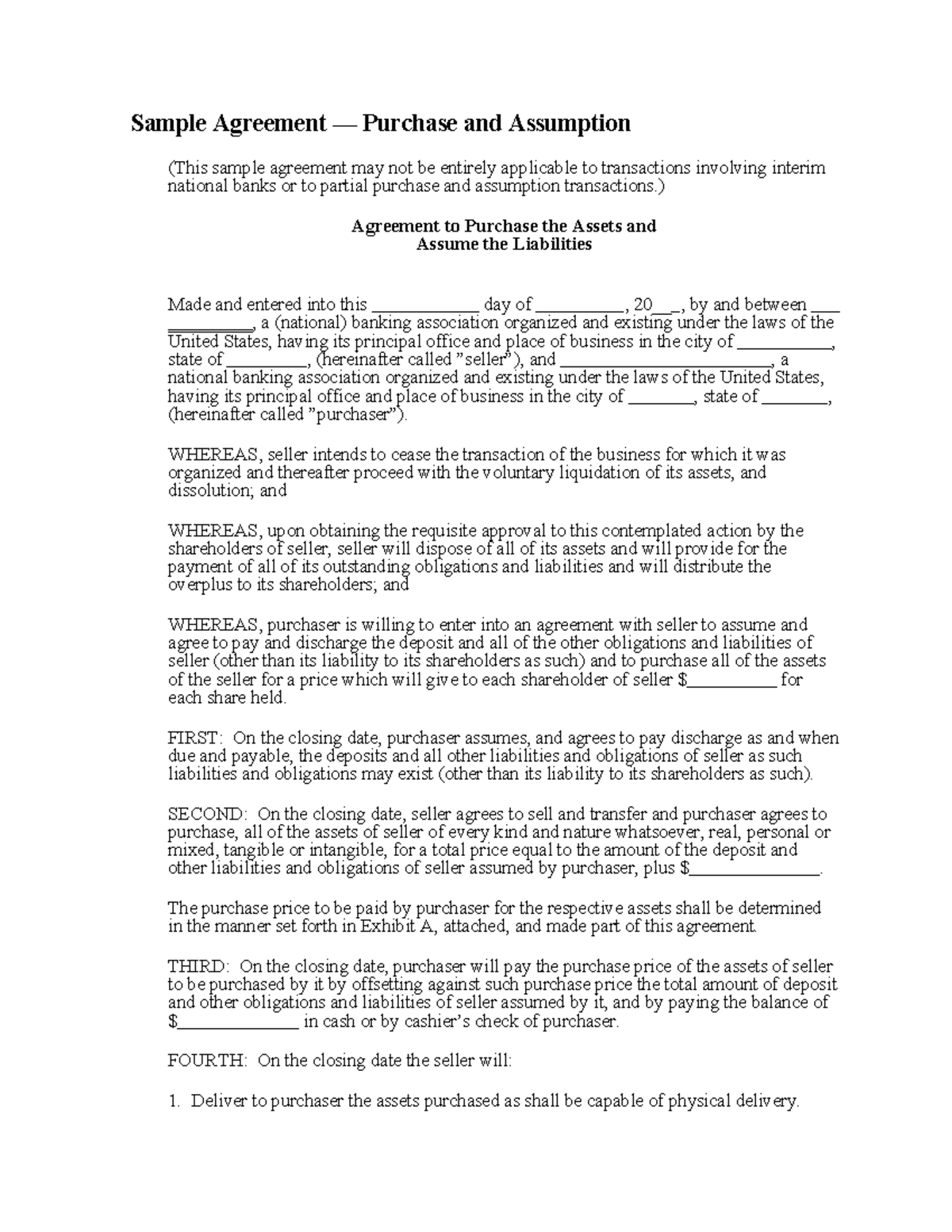 Form purhcase assumption agreement v1 - Sample Agreement — Purchase and ...