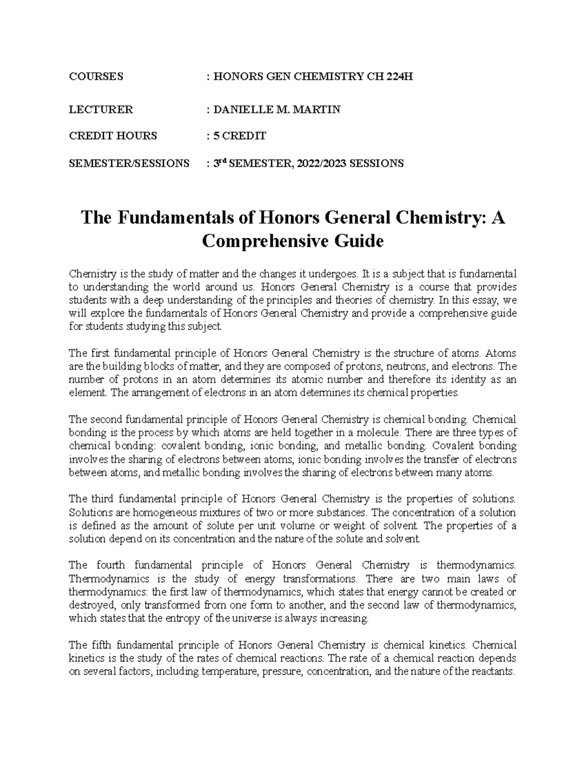 The Fundamentals of Honors General Chemistry-A Comprehensive Guide ...