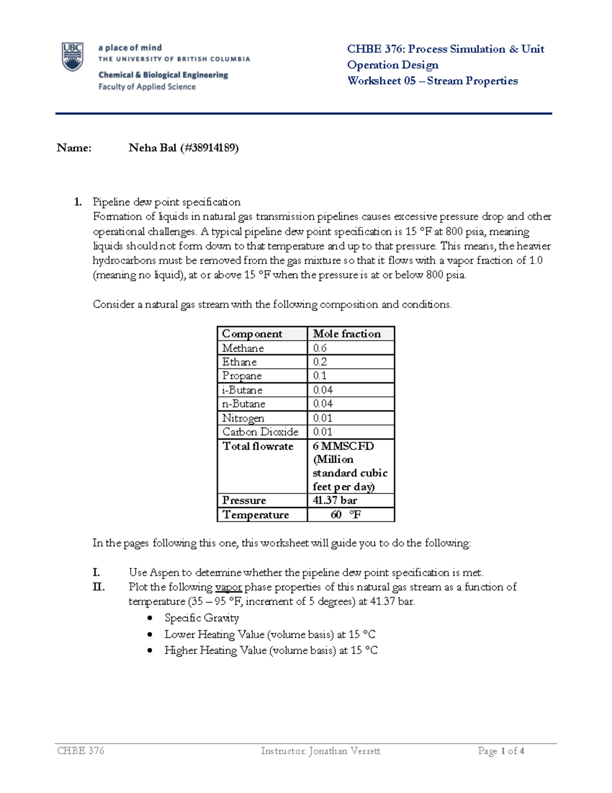 W 05 (Worksheet - Stream properties) - CHBE 3 76 : Process Simulation & Unit Operation Design ...