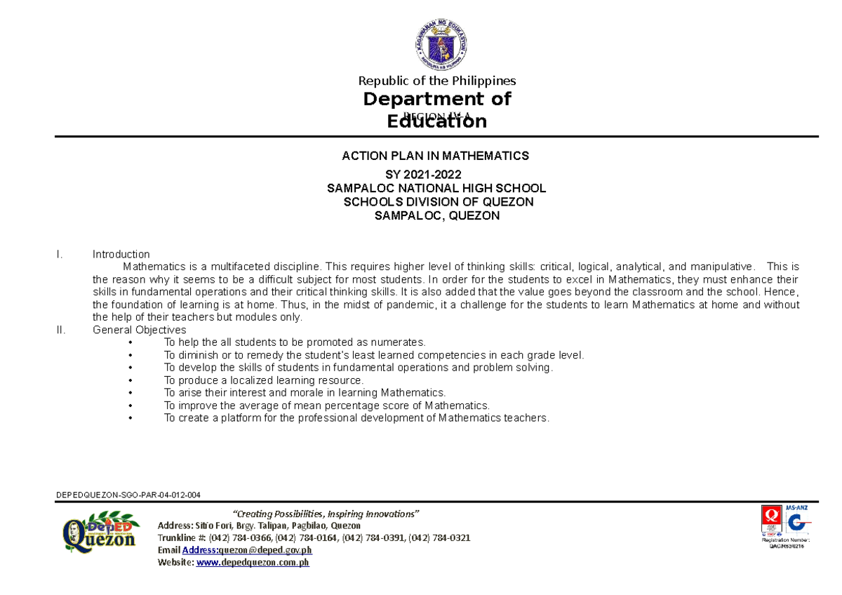 Action-PLAN-2021 MATH - ACTION PLAN IN MATHEMATICS SY 2021- SAMPALOC ...