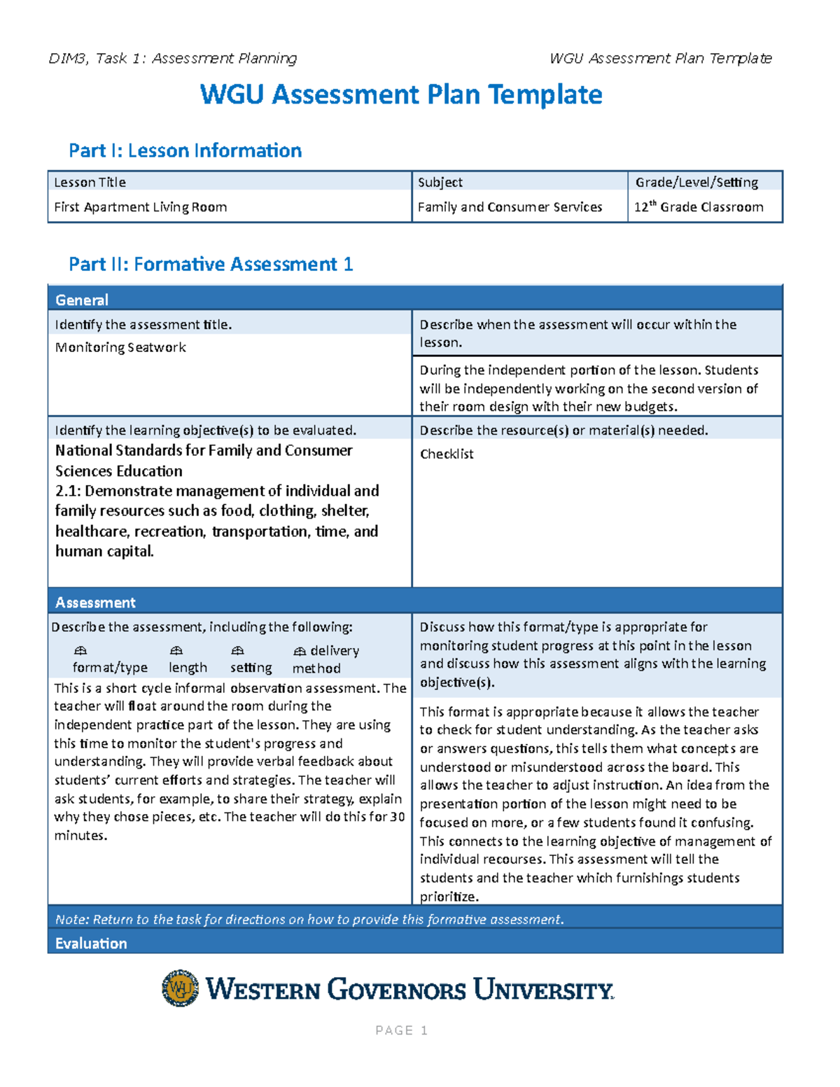 D093 First Apartment Assessment Plan - WGU Assessment Plan Template ...