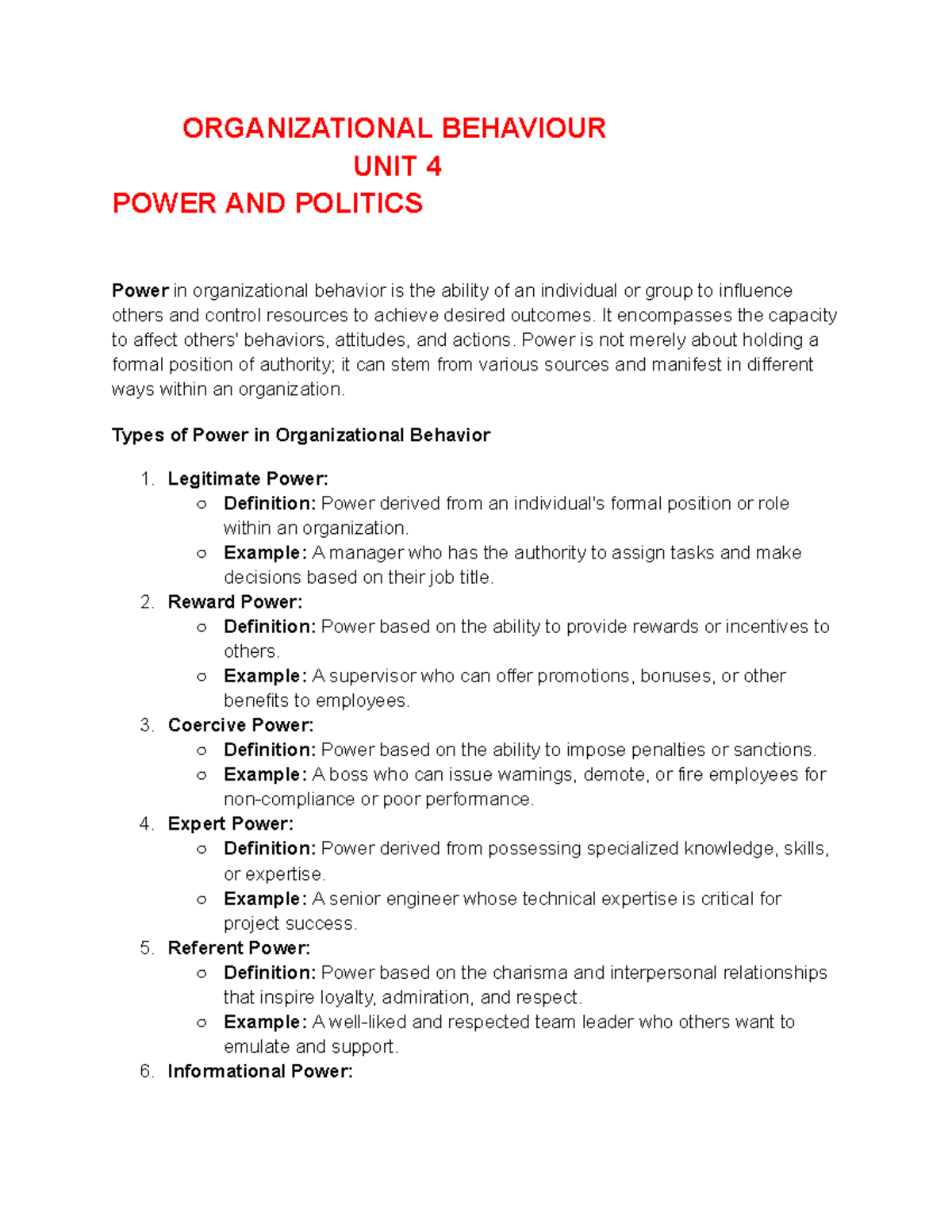 Gachibowli GA&U &(AND)OB U4 - ORGANIZATIONAL BEHAVIOUR UNIT 4 POWER AND POLITICS Power in - Studocu