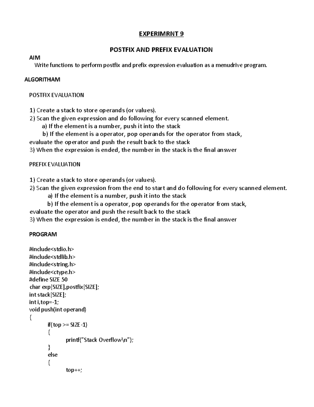Dslab 9 - POSTFIX AND PREFIX EVALUATION - EXPERIMRNT 9 POSTFIX AND PREFIX EVALUATION AIM Write ...
