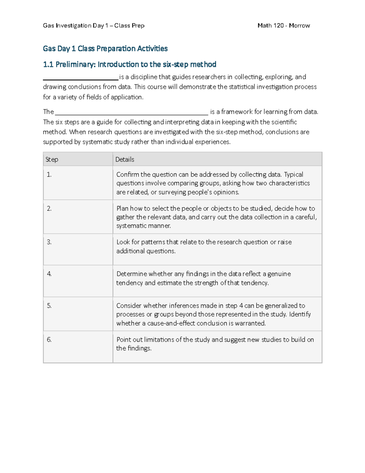 Gas Day 1 - Class Prep Notes - Gas Investigation Day 1 – Class Prep ...