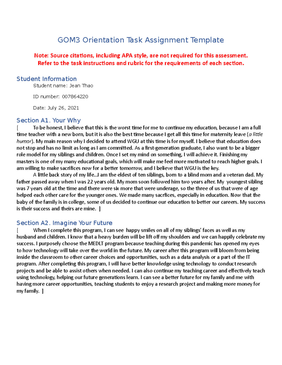 WGU Orientation Task Assignment Completion - GOM3 Orientation Task Assignment Template Note ...