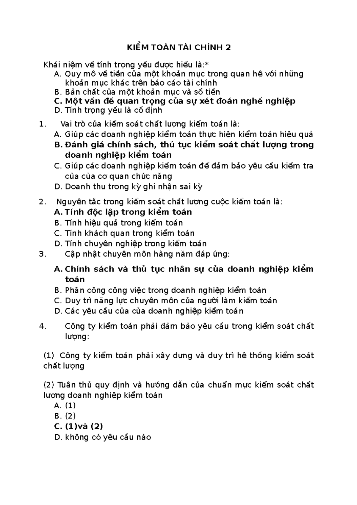 KIỂM TOÁN TÀI Chính 2 2 - btap KTTc2 - KIỂM TOÁN TÀI CHÍNH 2 Khái niệm về tính trọng yếu được ...