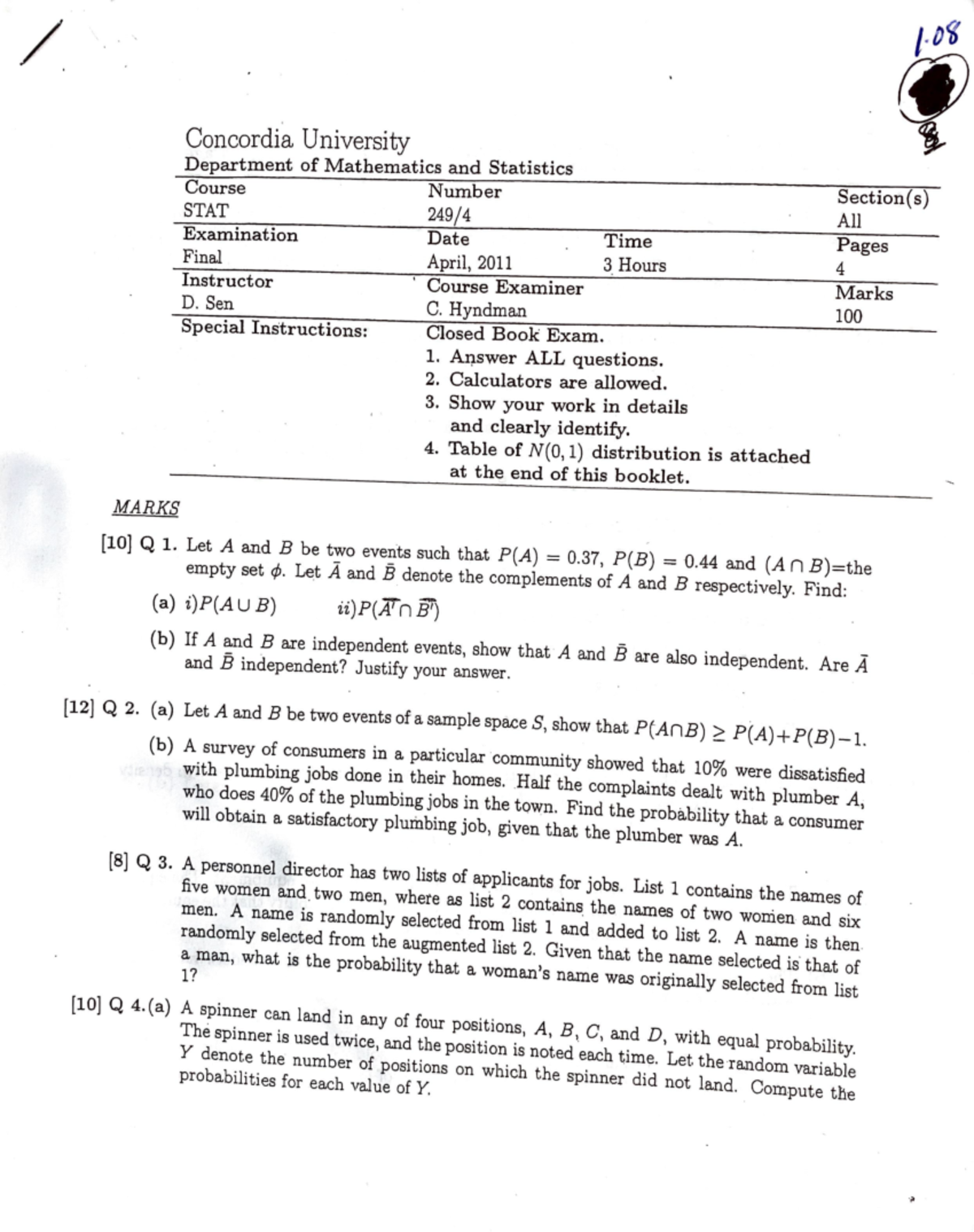 Stat 249 Exams - / Concordi~ University.. Department of Mathematics and ...
