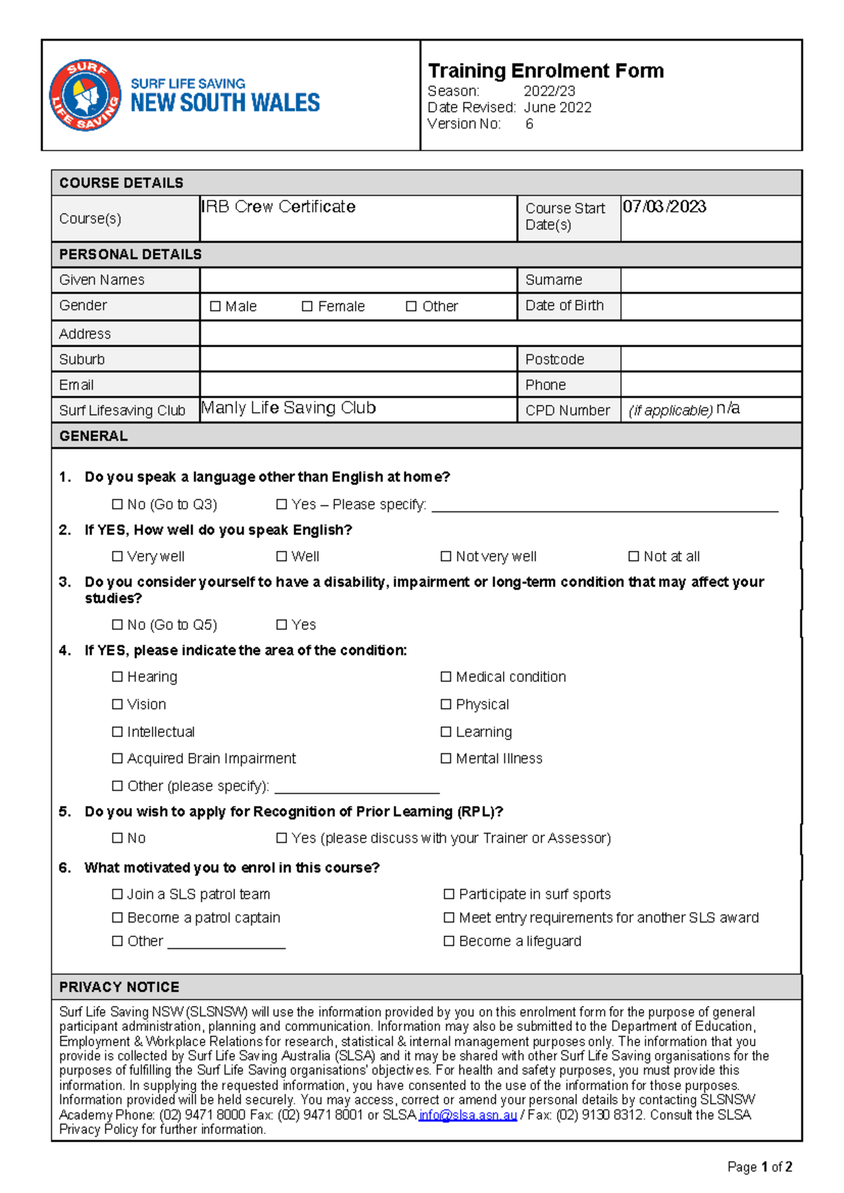Training Enrolment Form - IRBC - Training Enrolment Form Season: 2022 ...