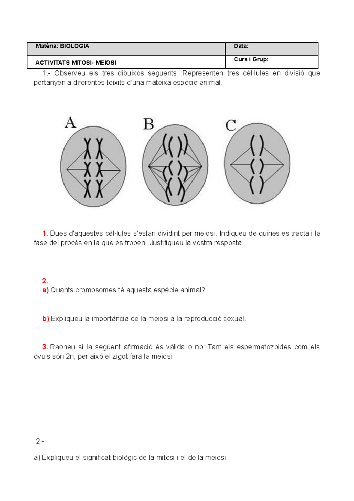 ACT PAU meiosi - naaaaaaaaaaa - Matèria: BIOLOGIA Data: ACTIVITATS ...